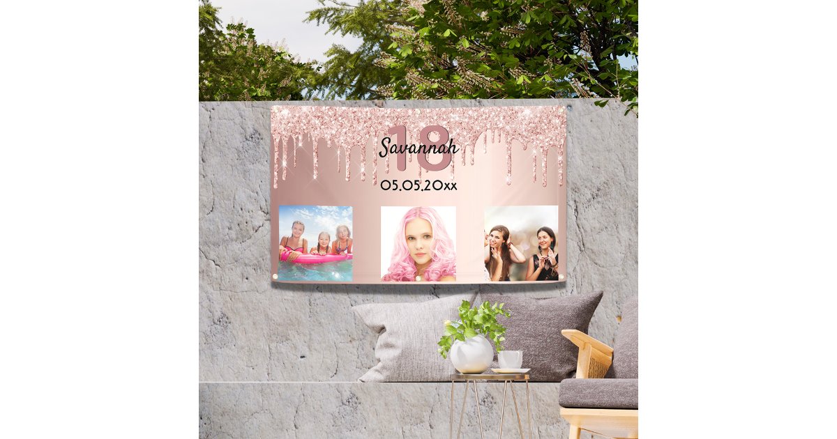 18th birthday custom photo rose gold pink glitter banner | Zazzle.de