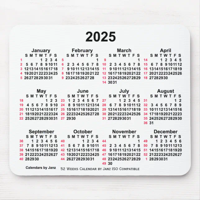 2025 White 52 Weeks ISO Calendar by Janz Mouse Pad Mousepad | Zazzle.de