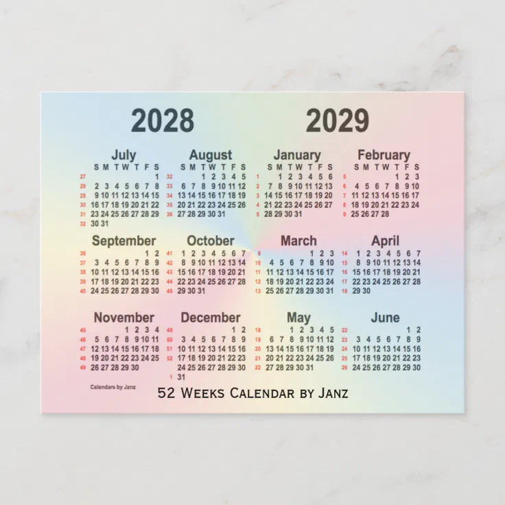 2028-2029 Rainbow 52 Weeks Calendar by Janz Postkarte | Zazzle.de