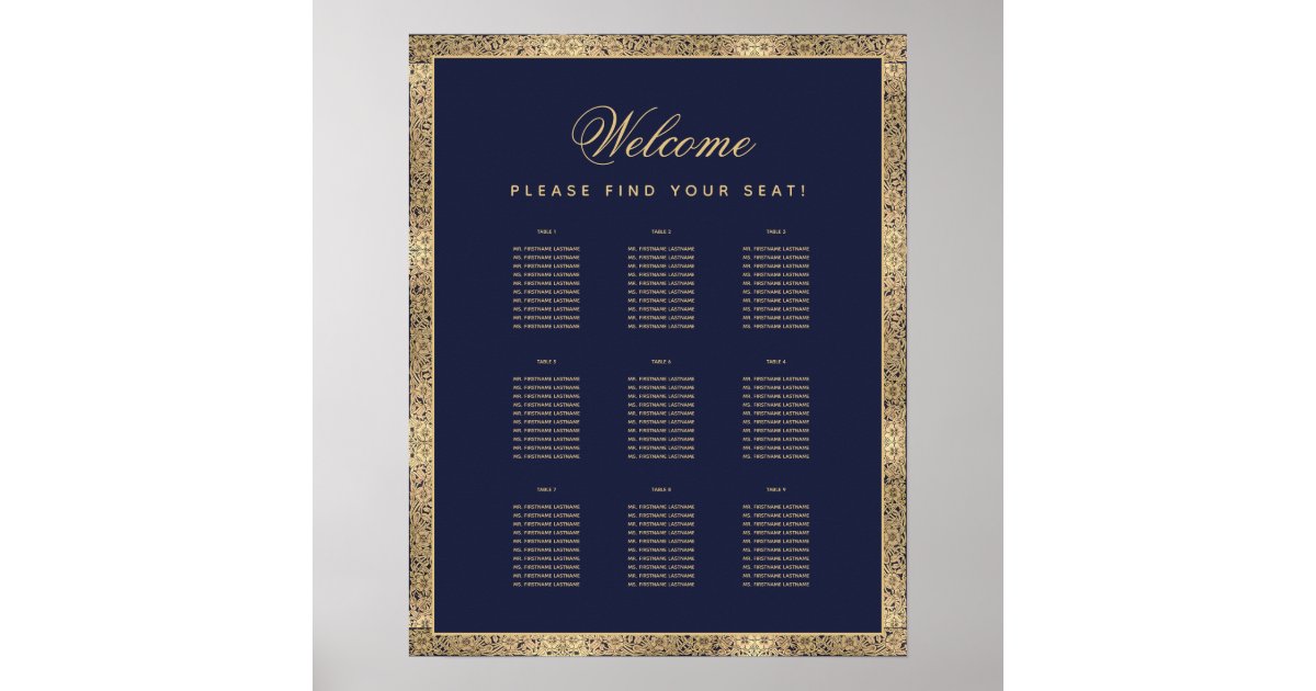 9 Tabelle Elegante Navy Blue Gold Rose Seating Cha Poster | Zazzle.de