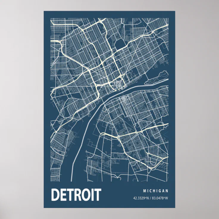 Detroit Michigan City Map Line Art Blue Print Poster | Zazzle.de