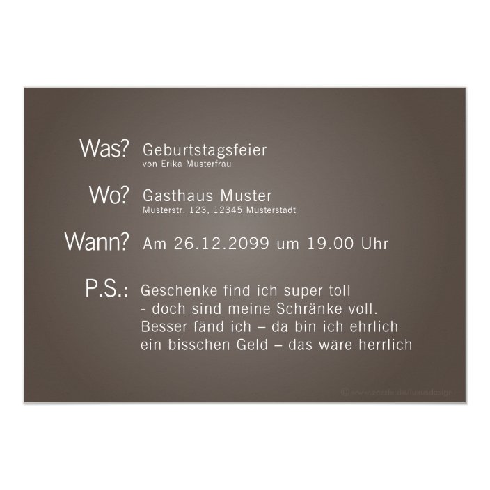 Einladungskarte mit "Was? Wann? Wo? P.S.:"-Text Einladung | Zazzle.de