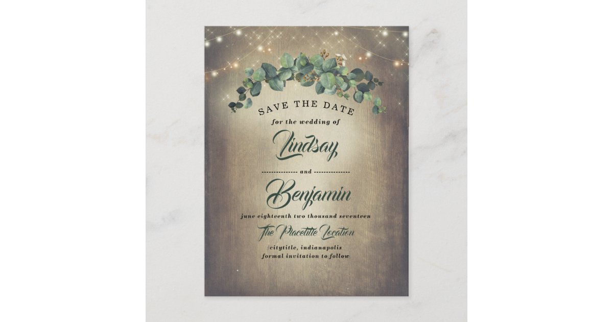 Eukalyptus Greenery Rustic Save the Date Ankündigungspostkarte | Zazzle.de