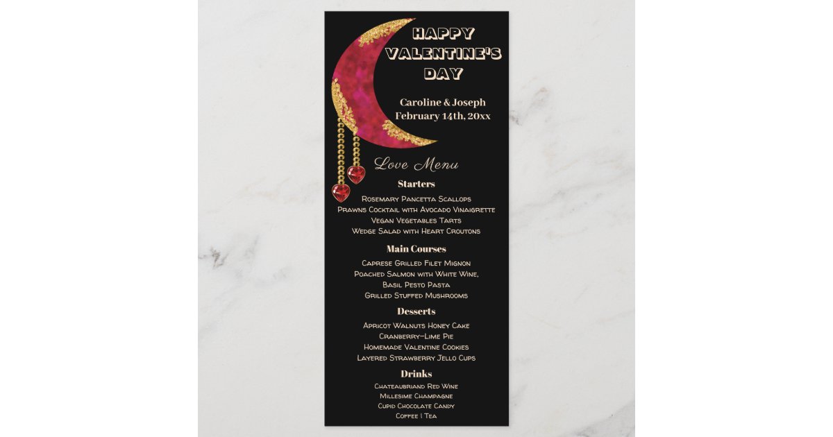 Gold Red Moon Heart Jewels Valentine's Day Menu Menükarte | Zazzle.de