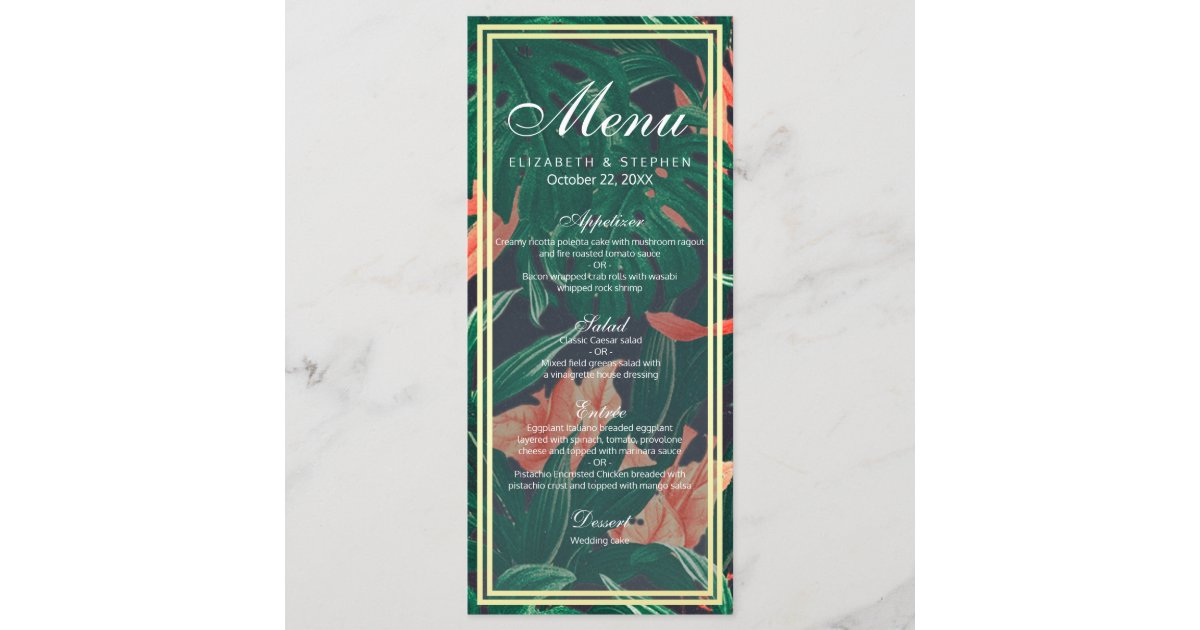 Hochzeitsmenü für tropische Blumen und Goldfolien Menükarte | Zazzle.de