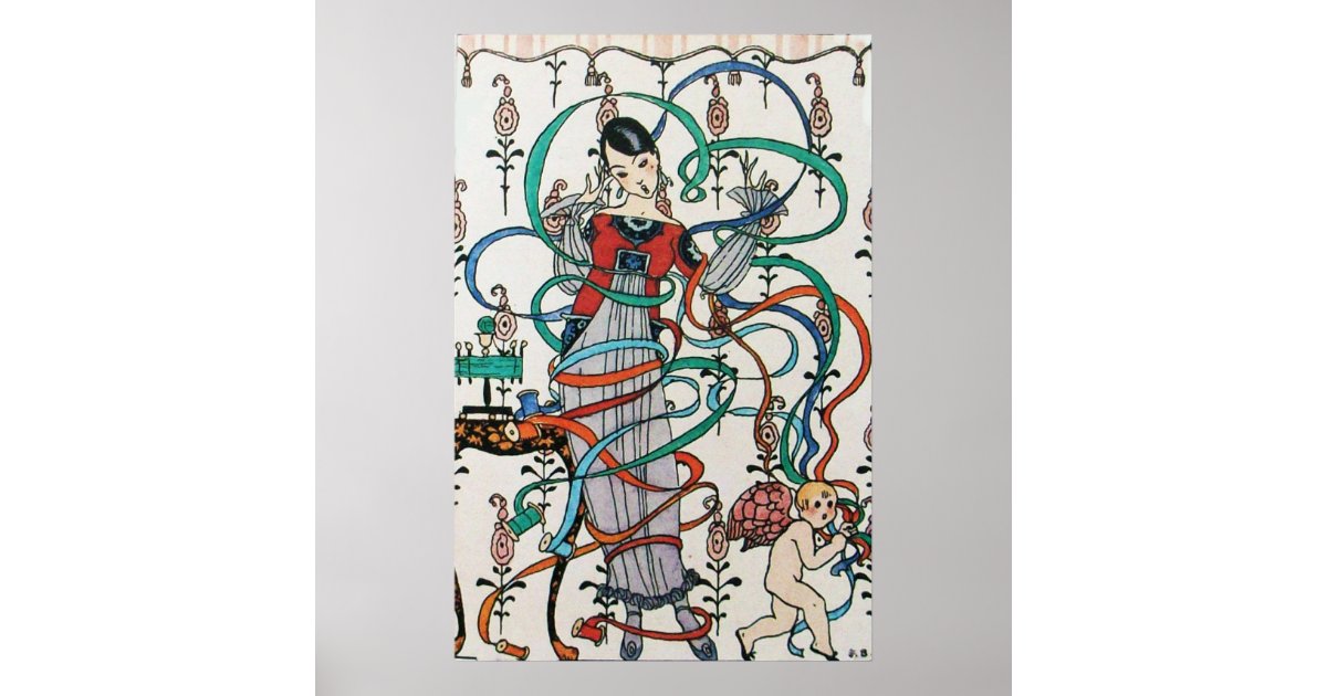 JUNGE MÄDCHEN MIT FARBEN RIBBON-WIRBEL UND KUPID POSTER | Zazzle.de