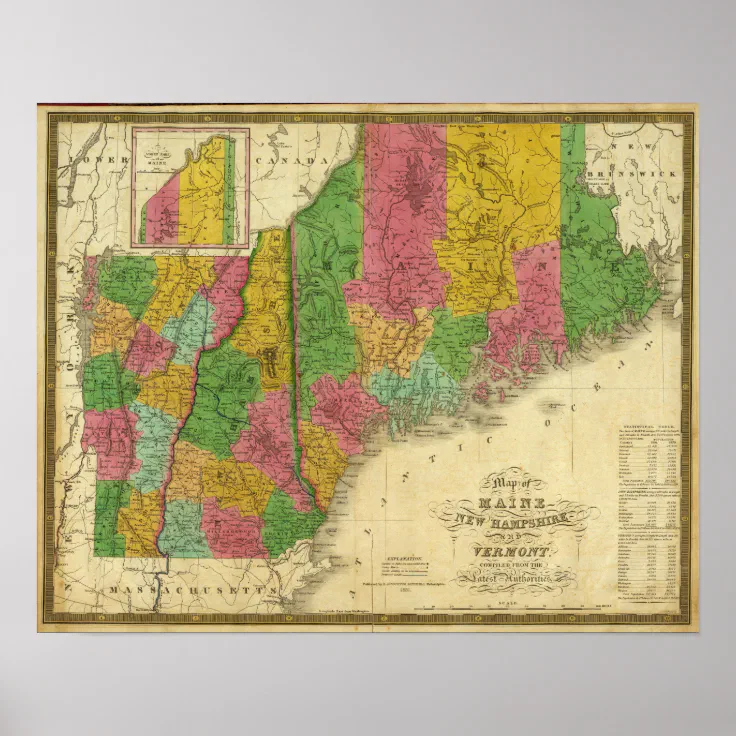 Karte von Maine, New Hampshire und Vermont Poster | Zazzle.de