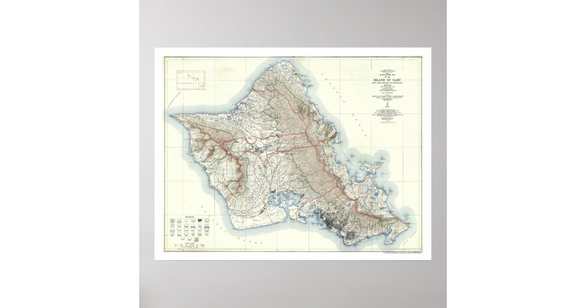 Oahu Hawaii Topographical Map 1938 Poster | Zazzle.de