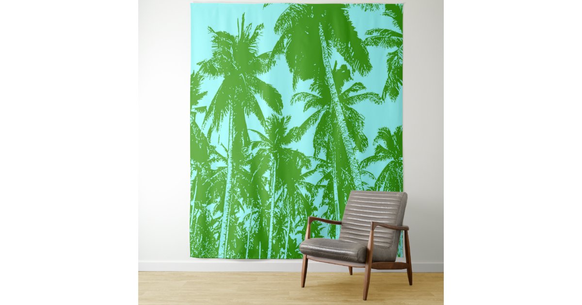 Palmen Design Green & Blue Posterised Effect Wandteppich | Zazzle.de
