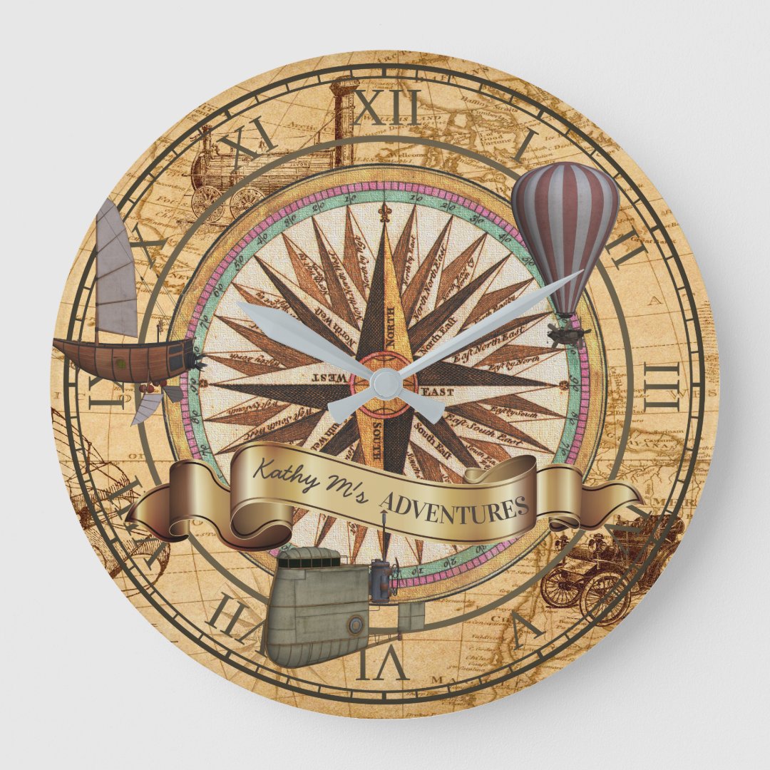 Steampunk Travel Antique Karte Kompass Adventure Große Wanduhr | Zazzle.de