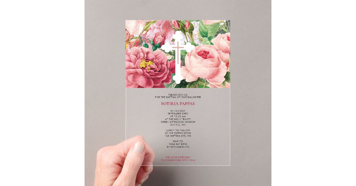 Taufe Christening Taufe Girl Pink Roses Acryleinladungen | Zazzle.de