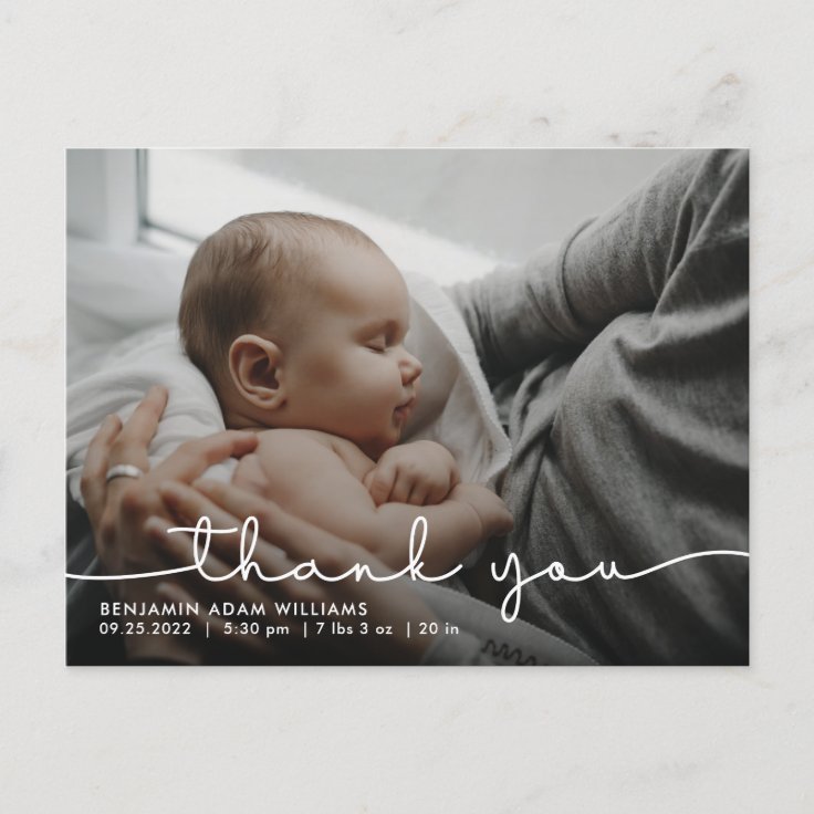 Vielen Dank, Script Baby Birth Ankündigung Postkarte | Zazzle.de