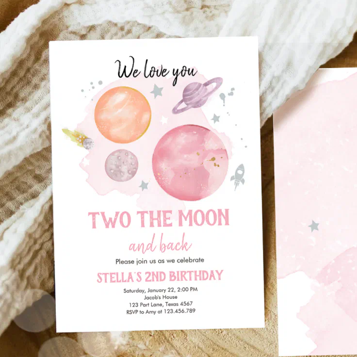 Weltraum-Planeten zwei der Mond-Mädchen Geburtstag Einladung | Zazzle.de